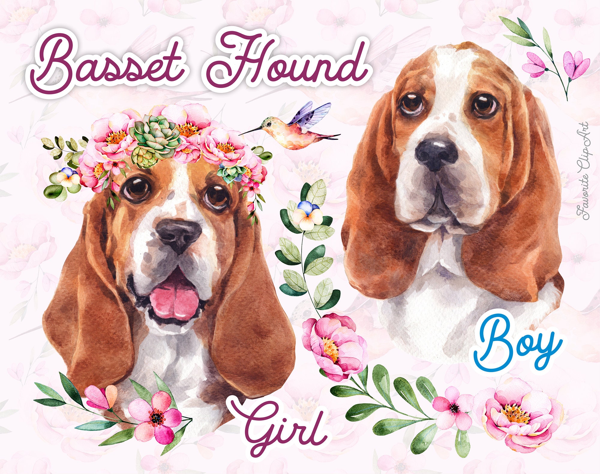 Basset Hound Dog Watercolor Portraits, Boy and Girl. Cute Pets Portrait ...