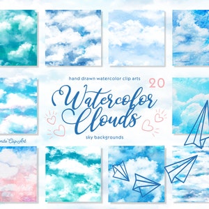 20 Watercolor Clouds Backgrounds Clipart, Clouds for Scrapbooking ...