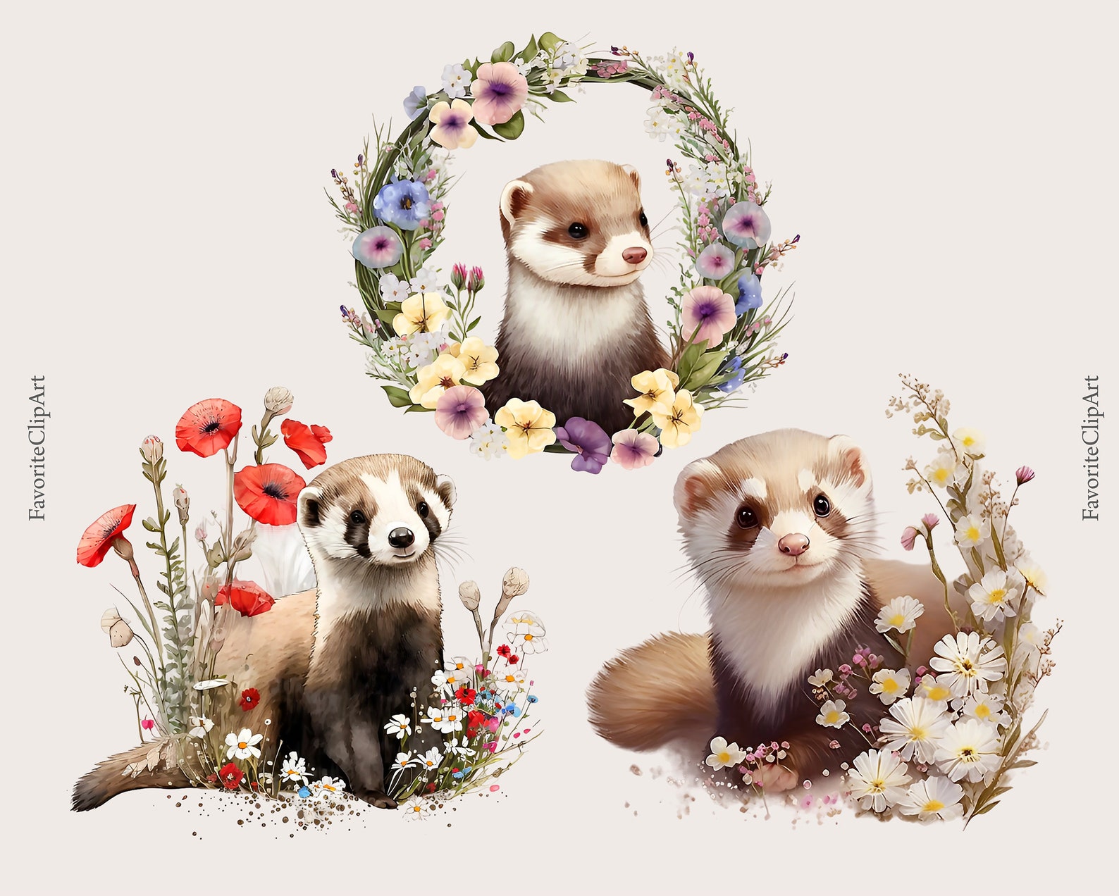 Ferrets Watercolor Clipart, Ferrets With Flowers, Ferrets Cute Animals ...