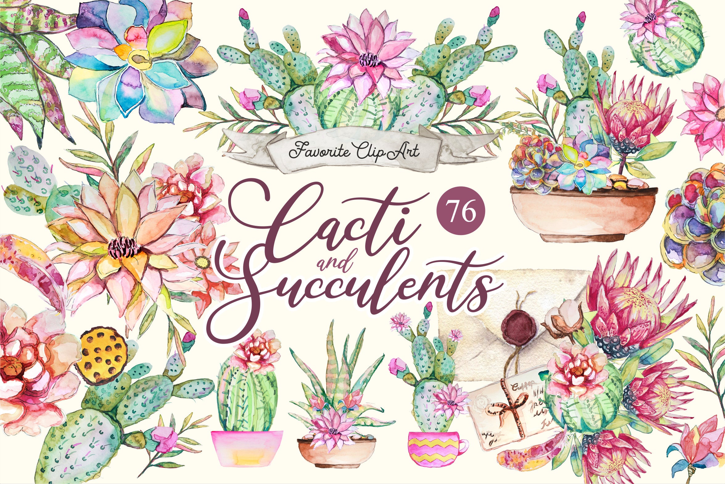 Watercolor Cacti and Succulents Clipart. Floral Wreaths - Etsy