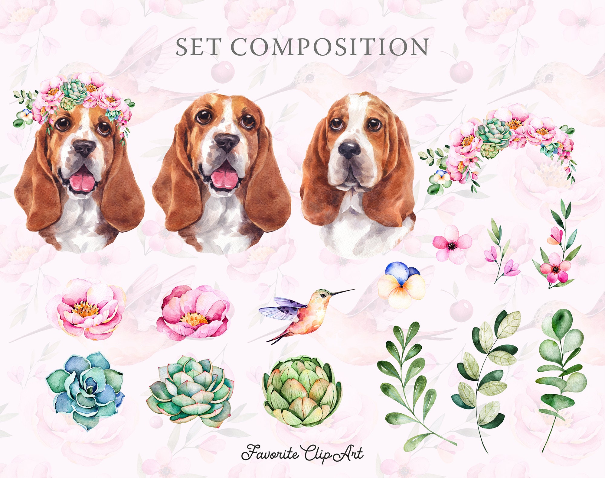 Basset Hound Dog Watercolor Portraits, Boy and Girl. Cute Pets Portrait ...