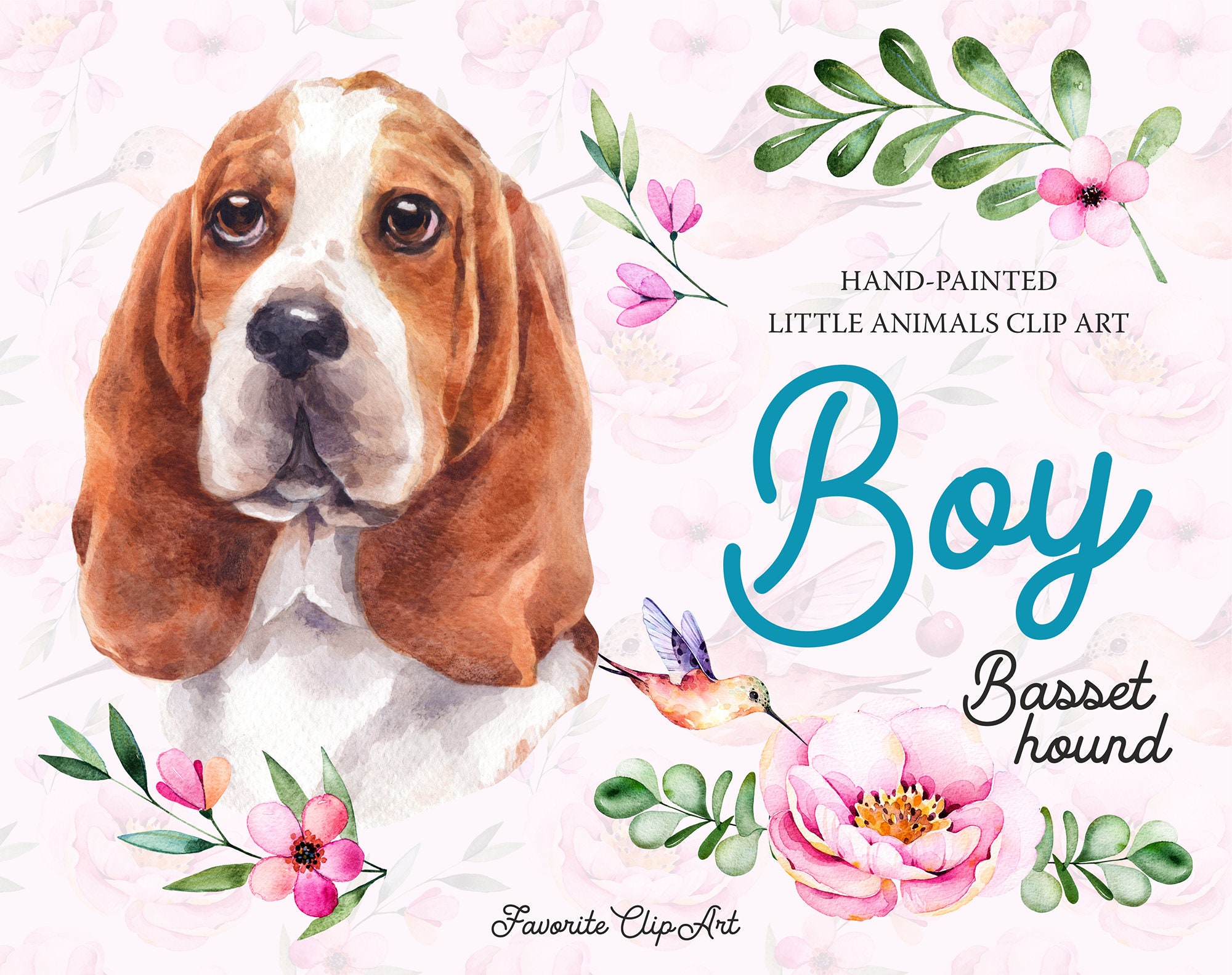 Basset Hound Dog Watercolor Portraits, Boy and Girl. Cute Pets Portrait ...