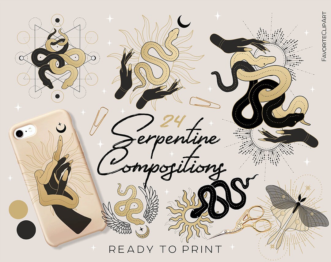 24 Serpentine Compositions Clipart, Snakes Clipart, Mystical Clipart ...