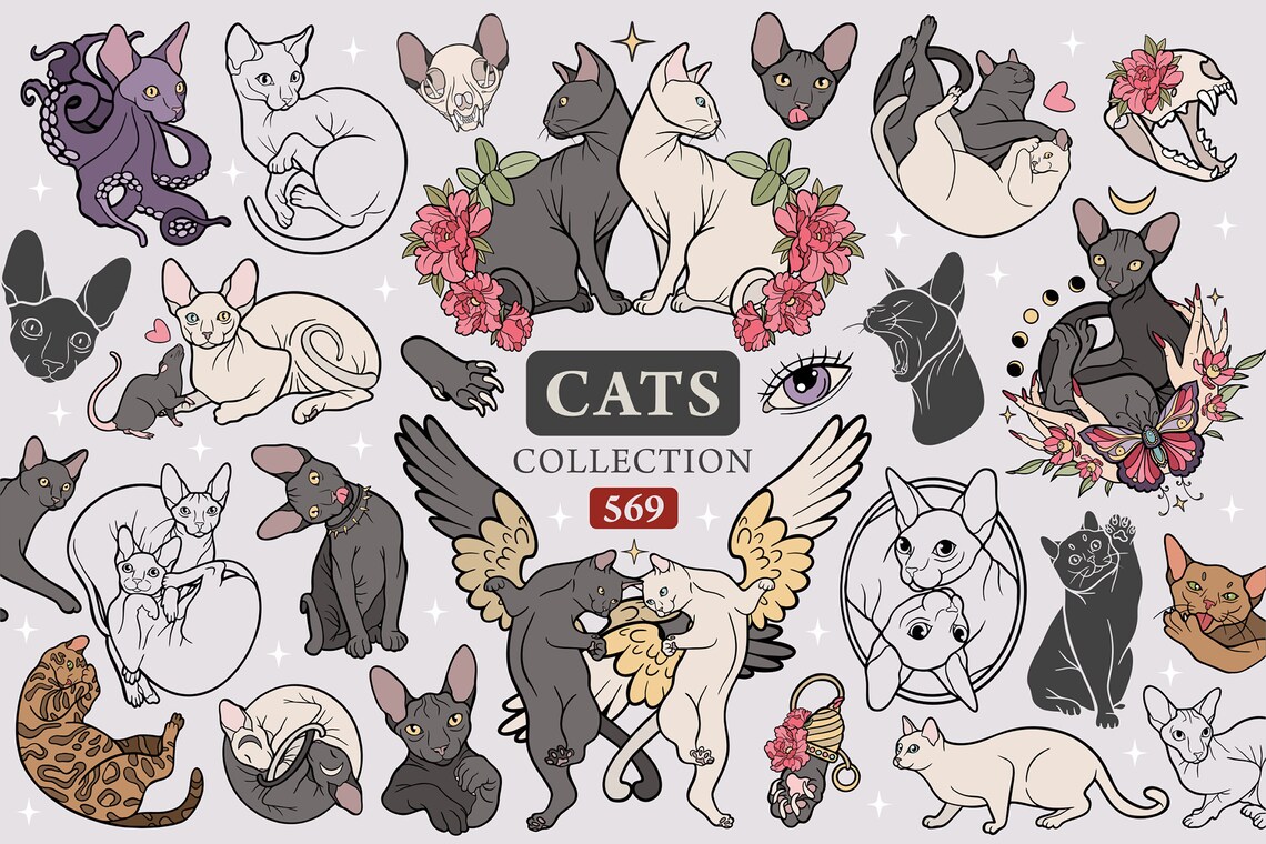569 Cute Cats Big Bundle of Svg Cliparts. Cats Tattoo Sketch. - Etsy