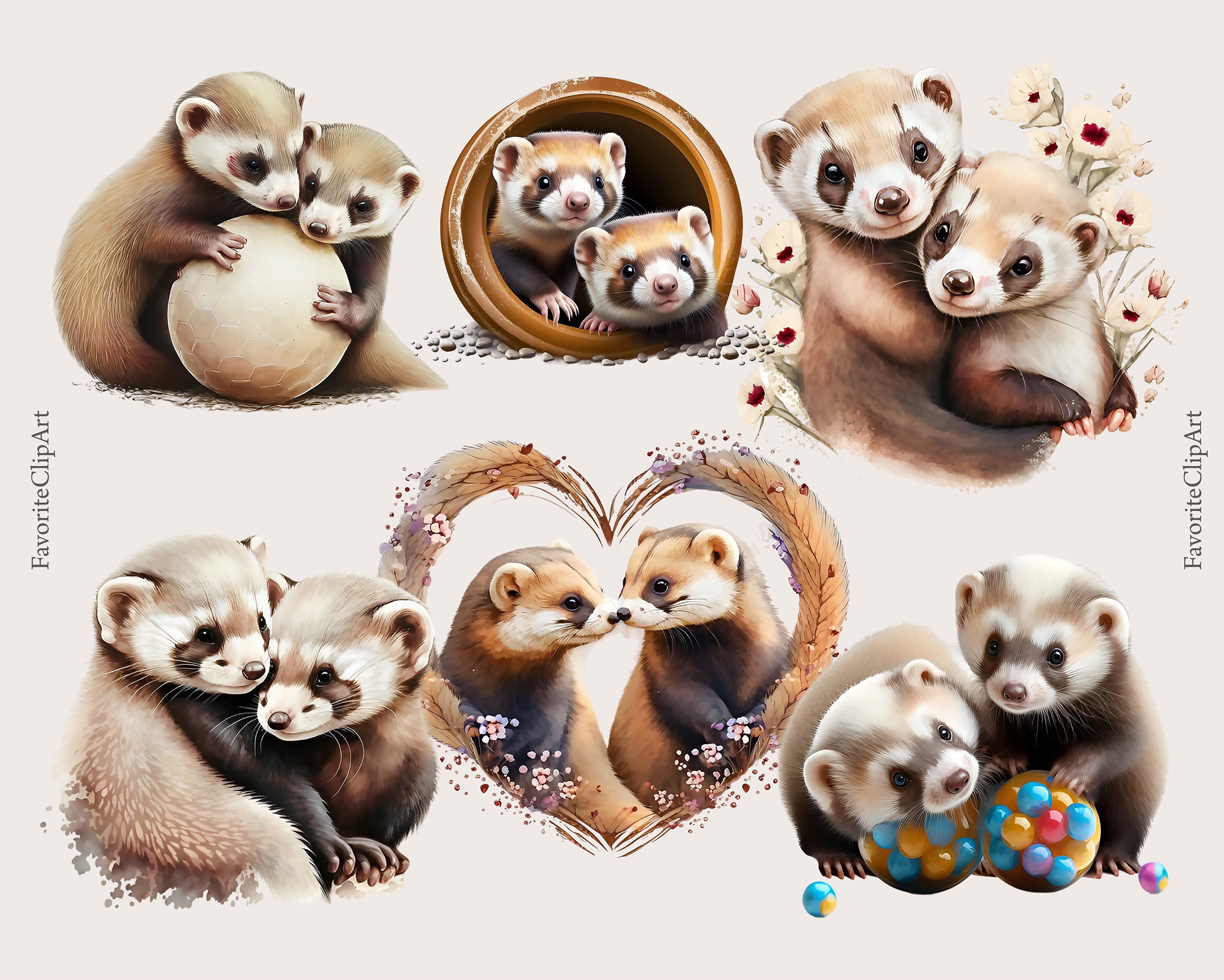 Ferrets Watercolor Clipart, Ferrets With Flowers, Ferrets Cute Animals ...