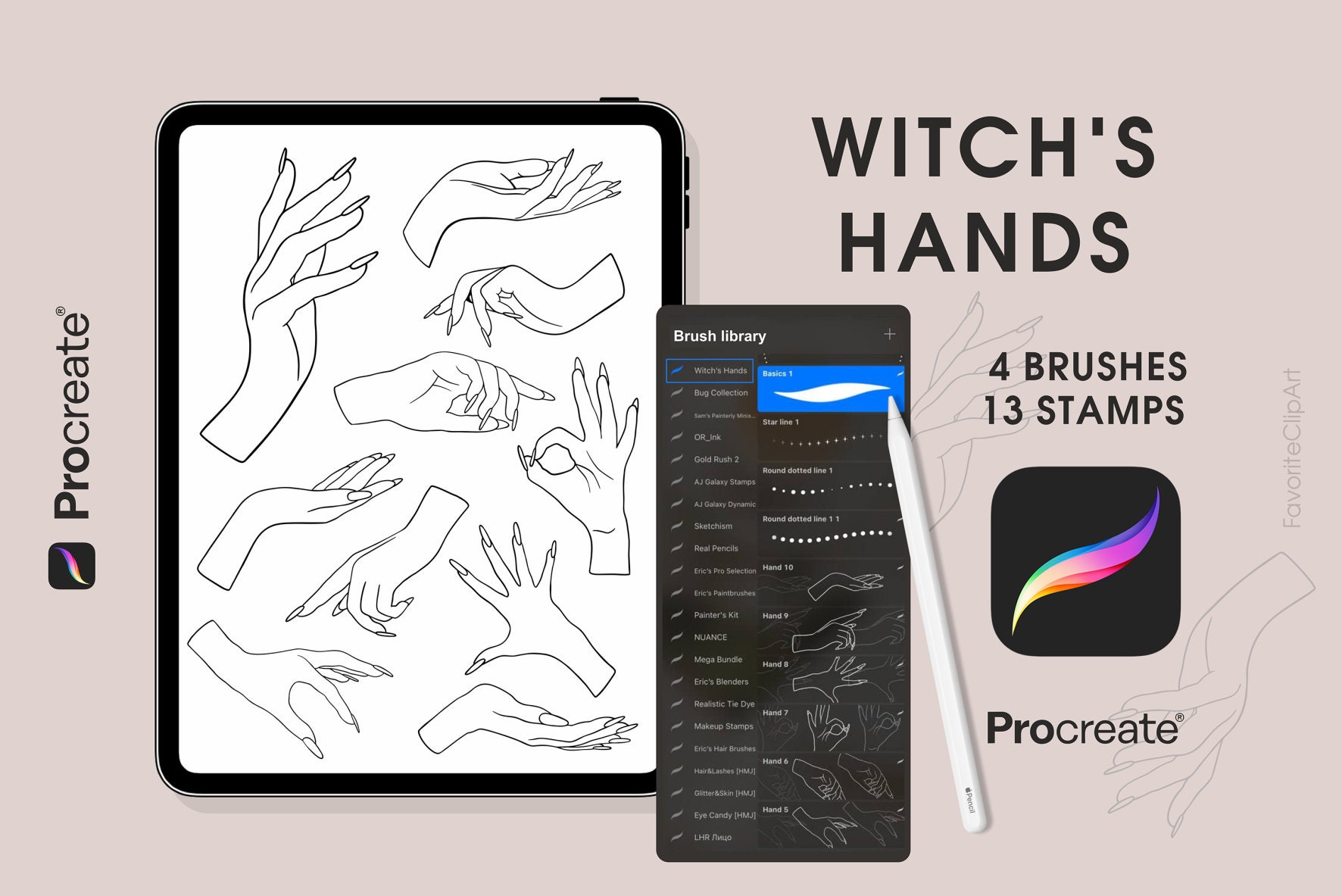 Brush Stamps Hands and Mystical Symbols on the iPad in Procreate ...