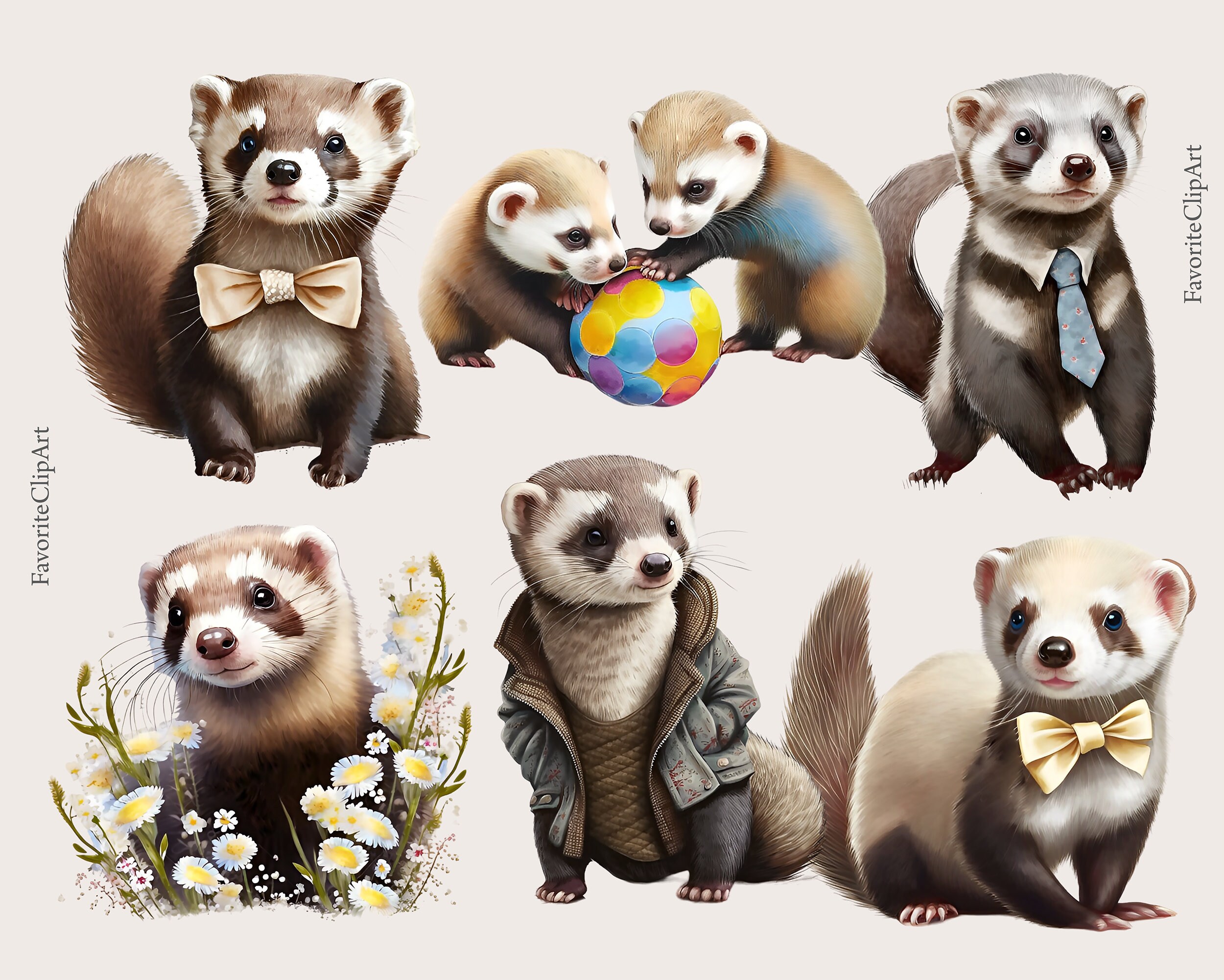 Ferrets Watercolor Clipart, Ferrets With Flowers, Ferrets Cute Animals ...