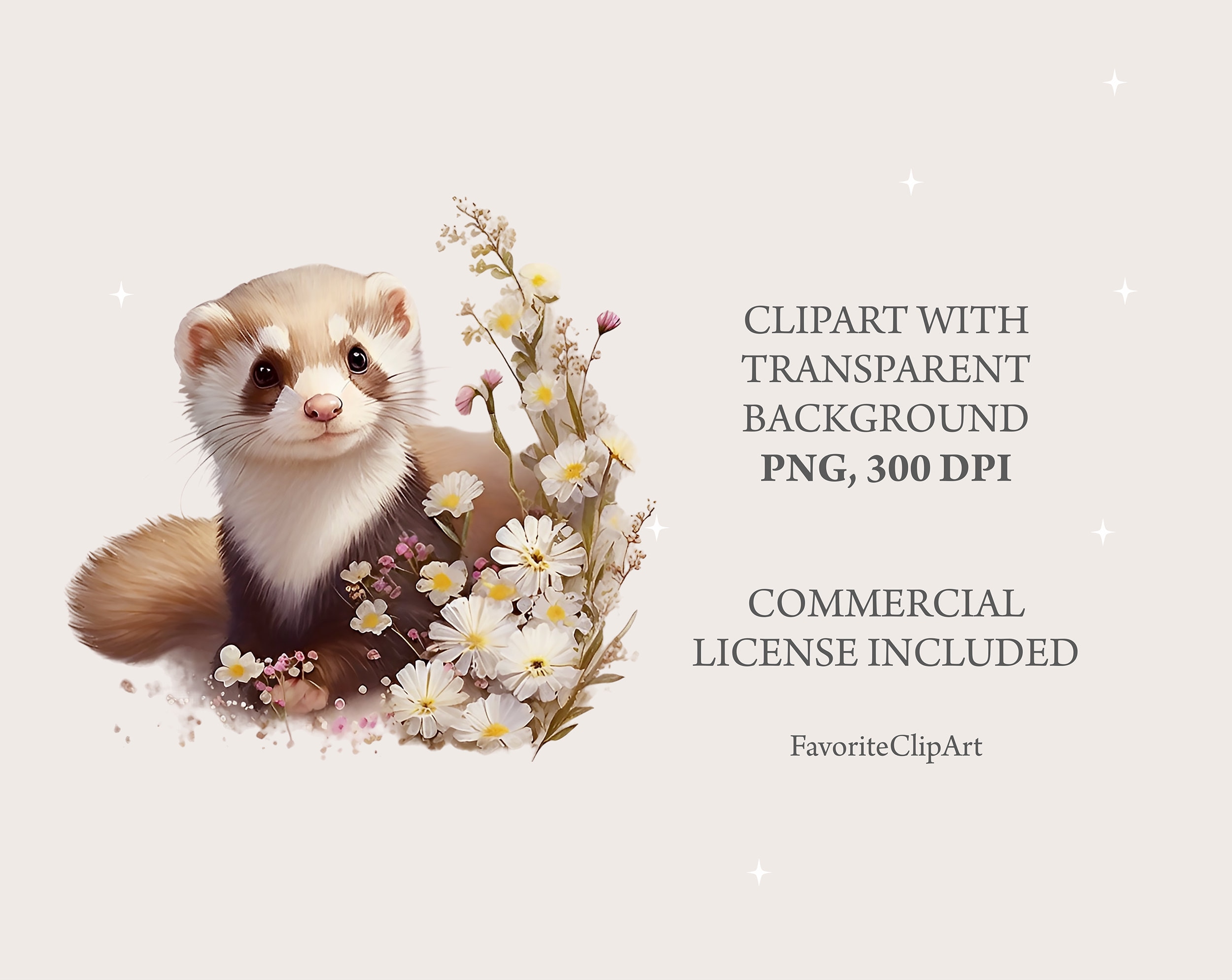 Ferrets Watercolor Clipart, Ferrets With Flowers, Ferrets Cute Animals ...