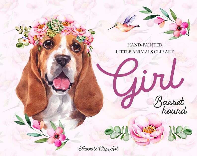 Basset Hound Dog Watercolor Portraits, Boy and Girl. Cute Pets Portrait ...