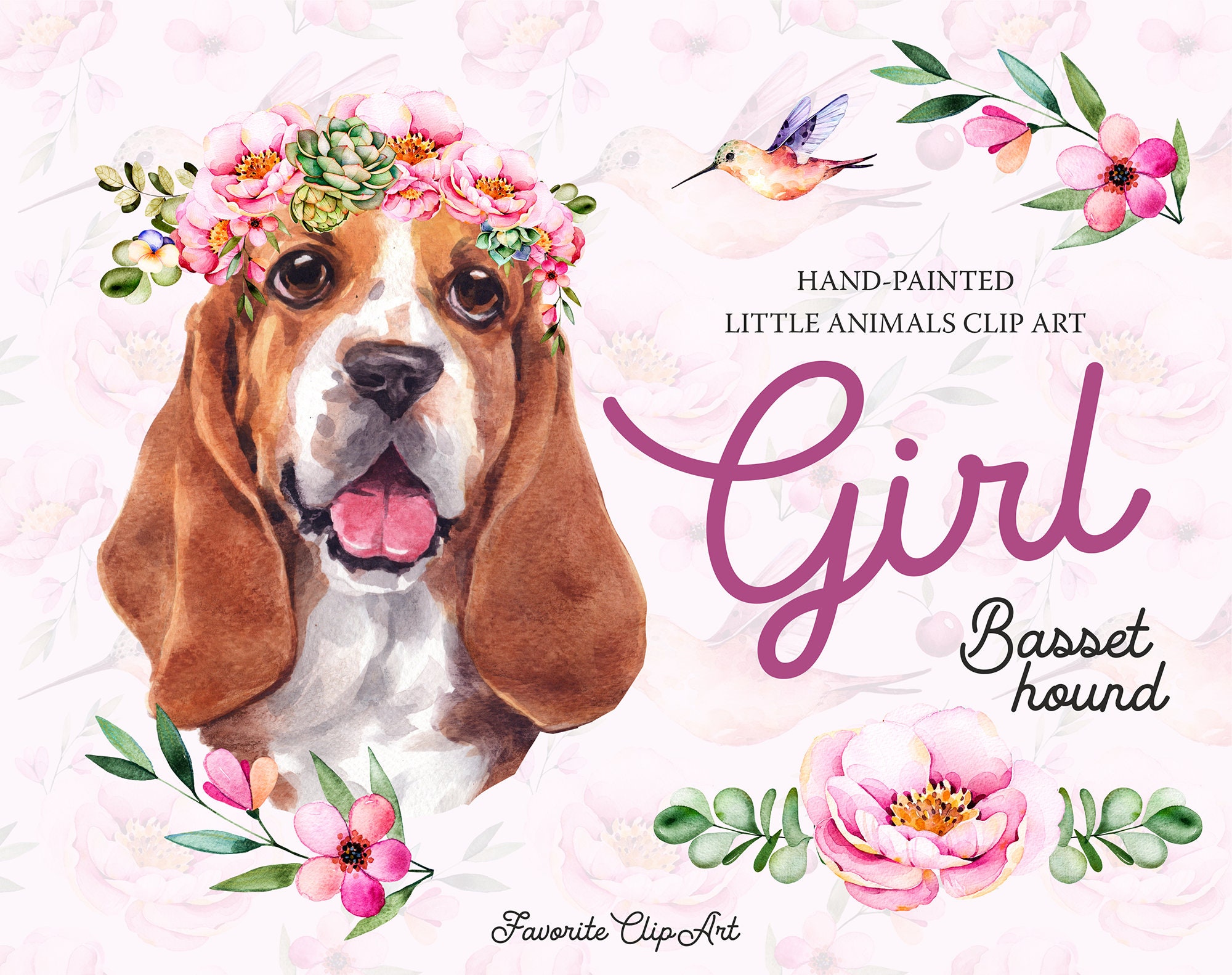 Basset Hound Dog Watercolor Portraits, Boy and Girl. Cute Pets Portrait ...