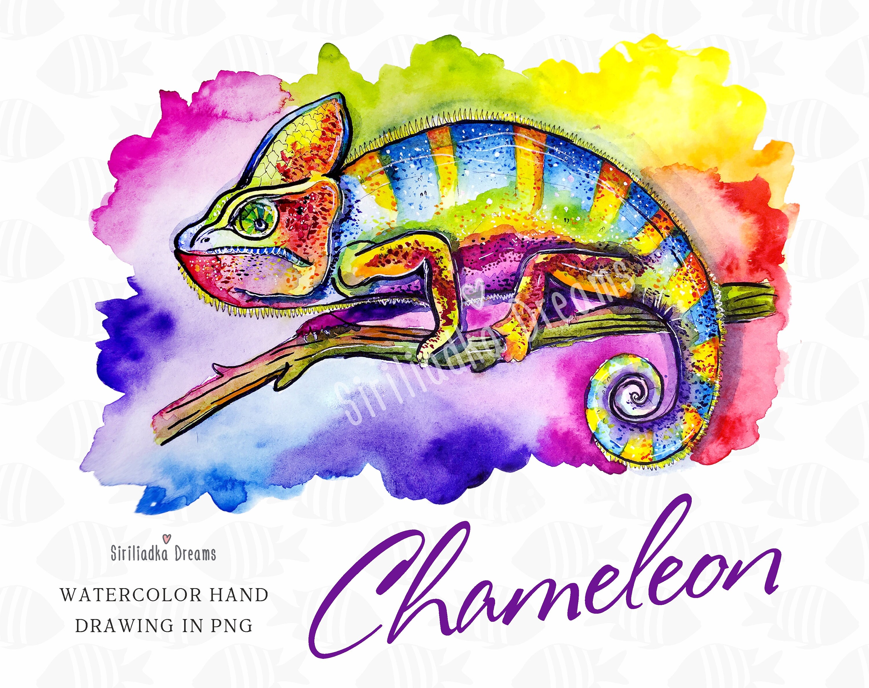 Bright Watercolor Chameleon Hand Drawing.lizard Reptile Bright ...