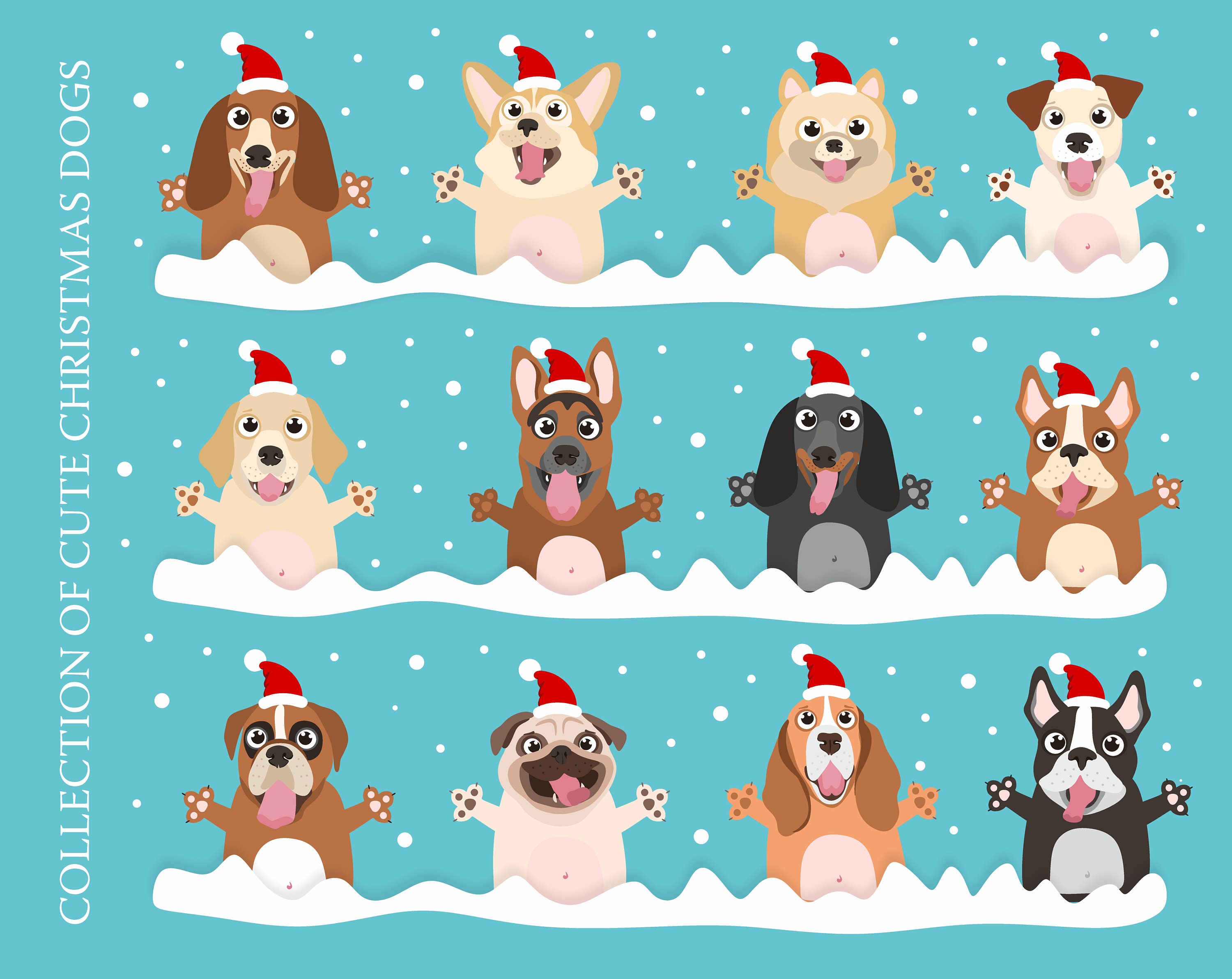 Santa's Christmas Dogs Clipart. Dogs in Santa Hats. Postcard With a Dog ...