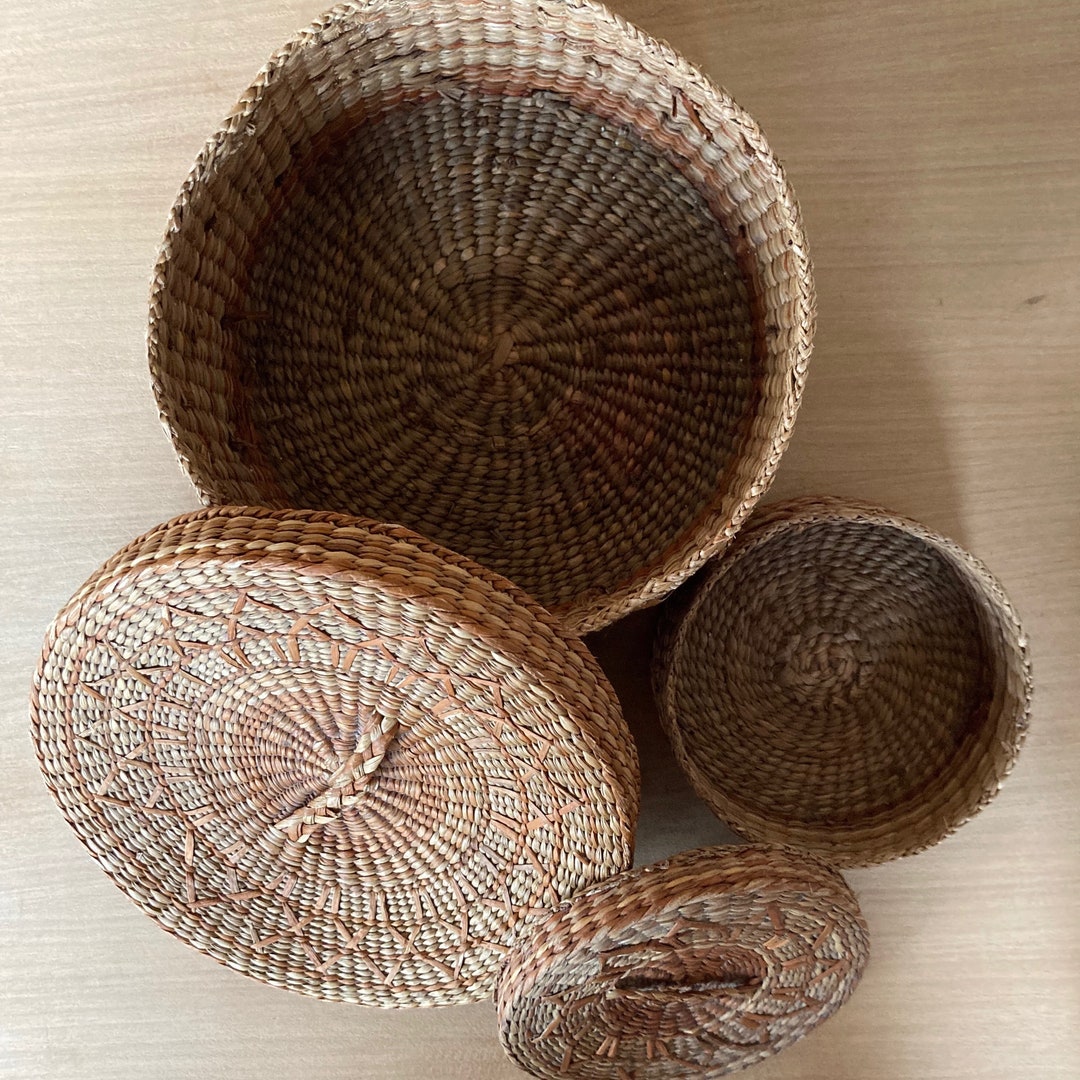 Set of Round Baskets With Lids, Vintage 70s, Sewing Baskets, Orange ...