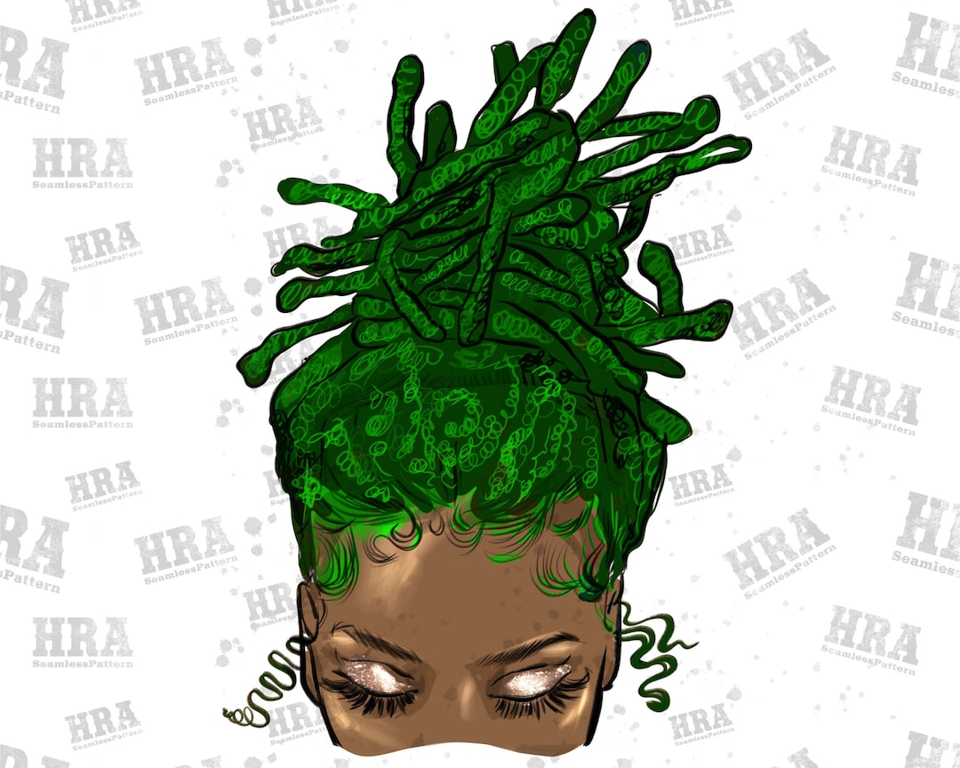 Afro Messy Bun Green Locs Hair Plain Png Sublimation Design,black Woman ...