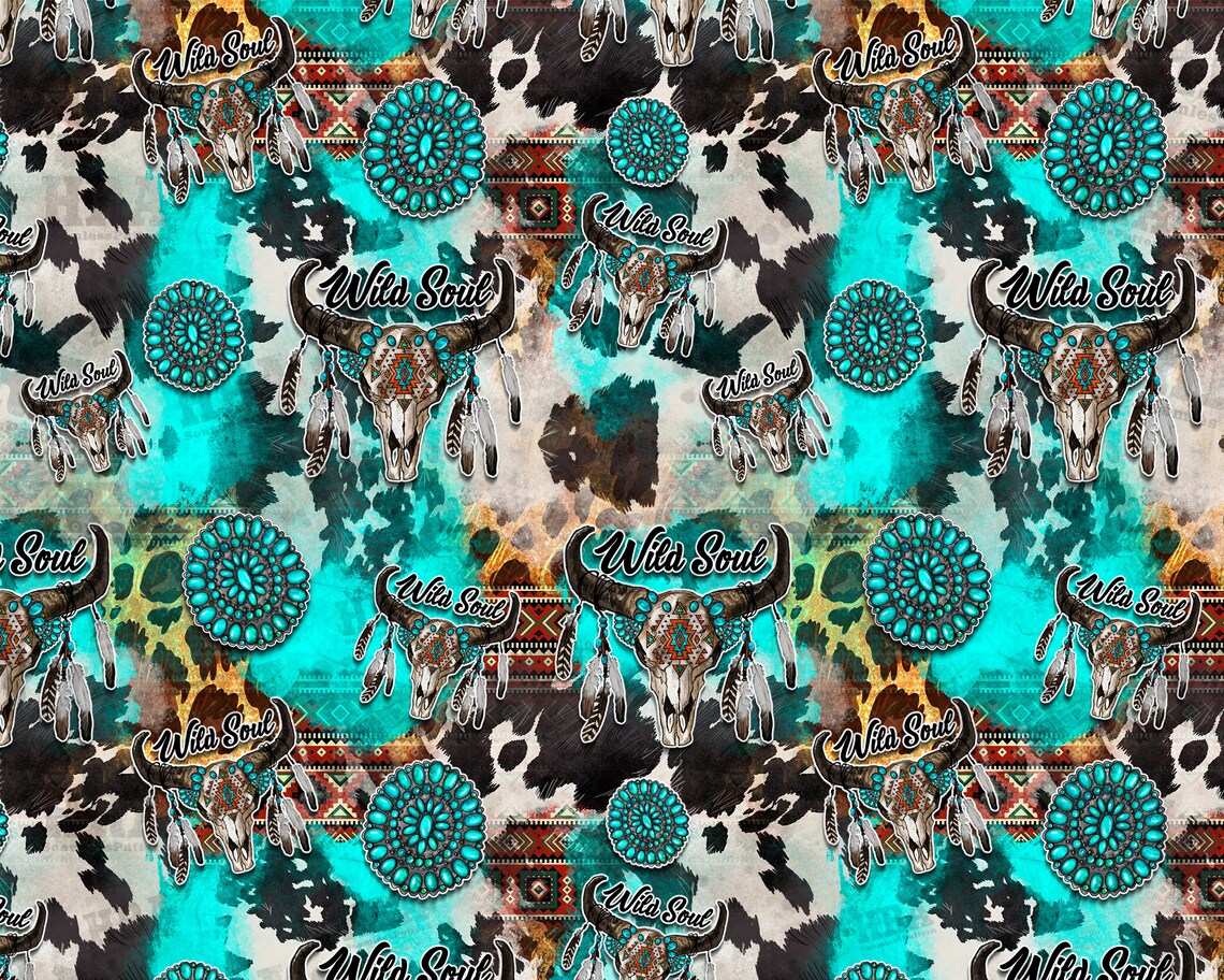 Aztec Cowhide Gemstone Bull Skull Seamless Pattern Sublimation Design ...