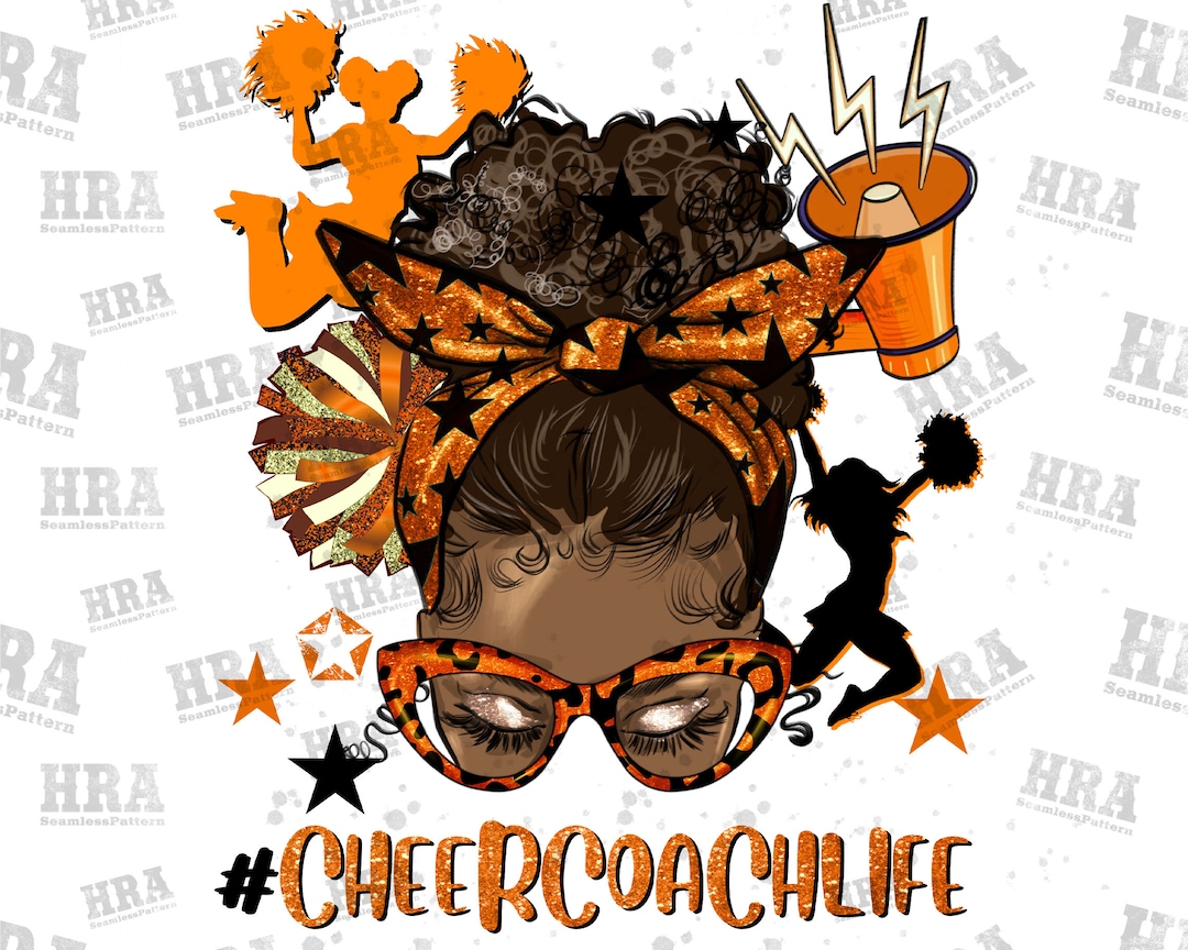 Afro Messy Bun Cheer Coach Life Orange and Black Png, Black Woman Cheer ...