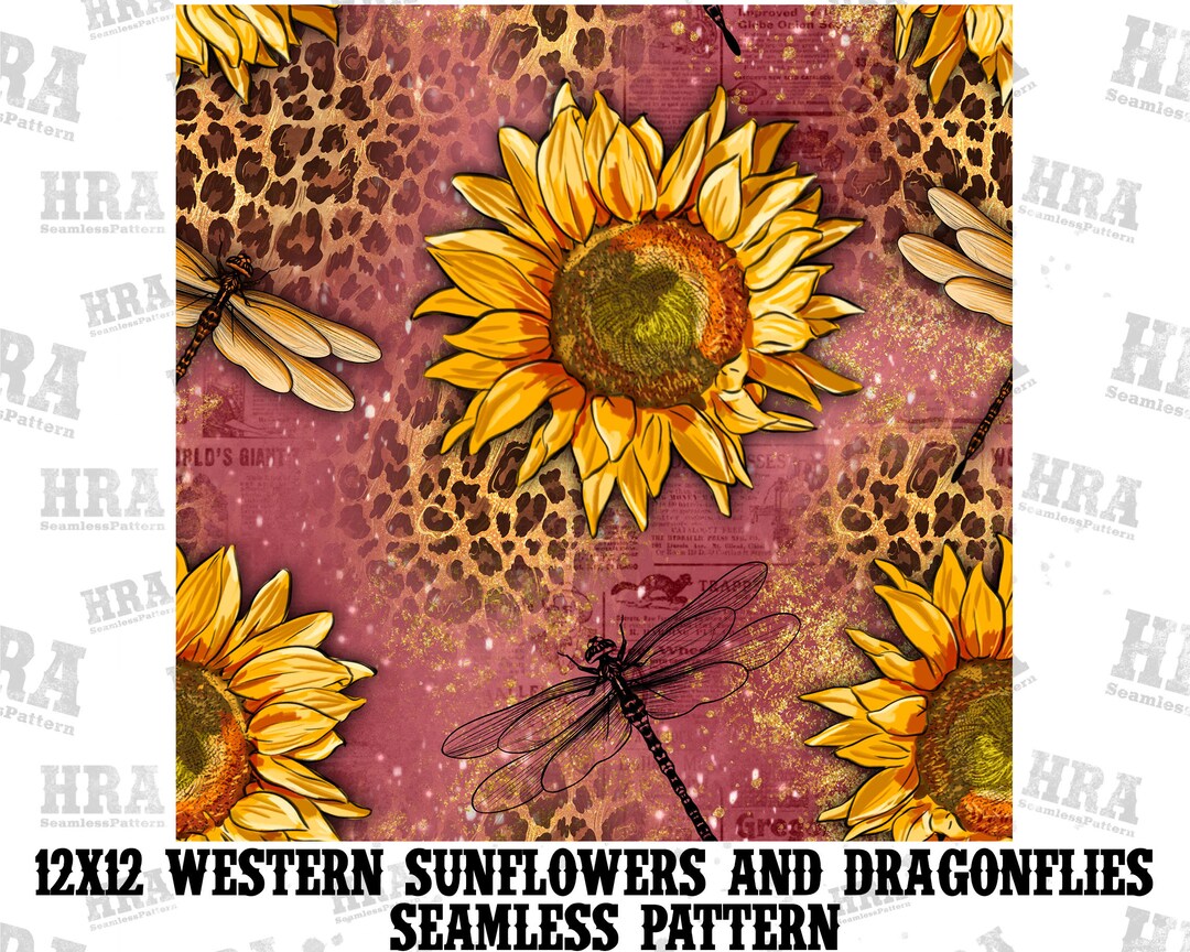Western Leopard Sunflowers Dragonflies Seamless Pattern Png Sublimation ...