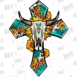 Western Bull Skull and Sunflowers Cross Png Sublimation Design, Leopard ...