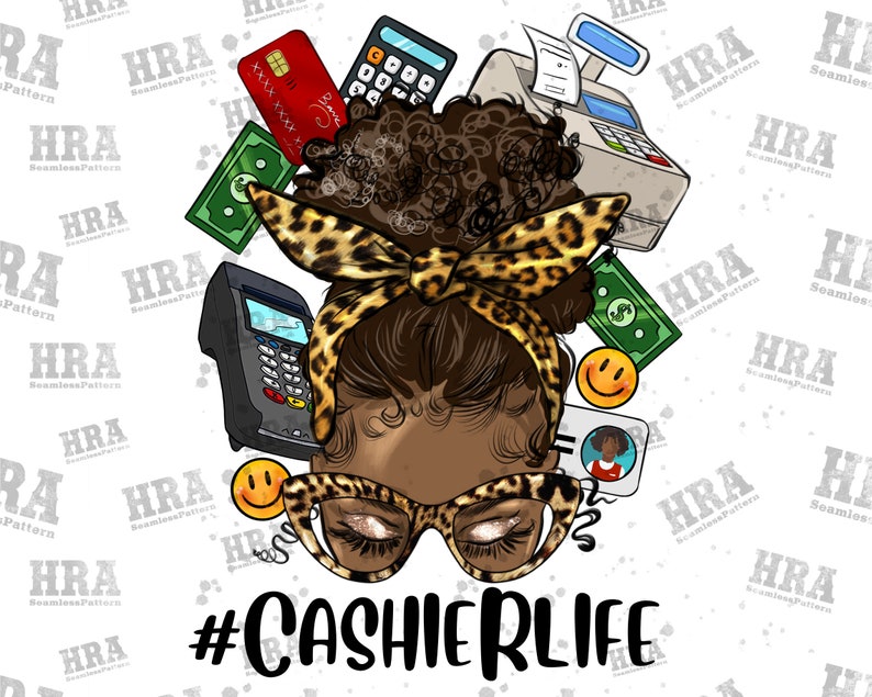 Afro Messy Bun Cashier Life Png Sublimation Design, Black Women Cashier ...