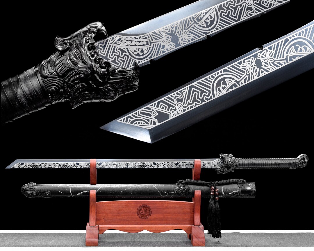 Handmade Straight Samurai Sword High Manganese Steel Black Blade ...