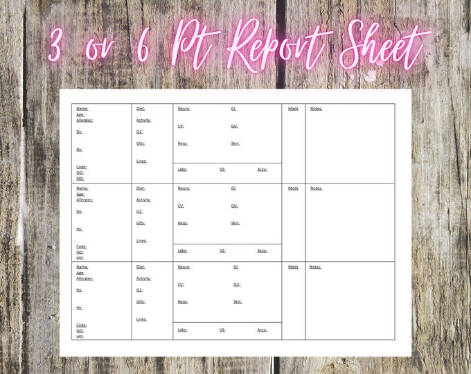3 or 6 Patient Report Sheet - Etsy
