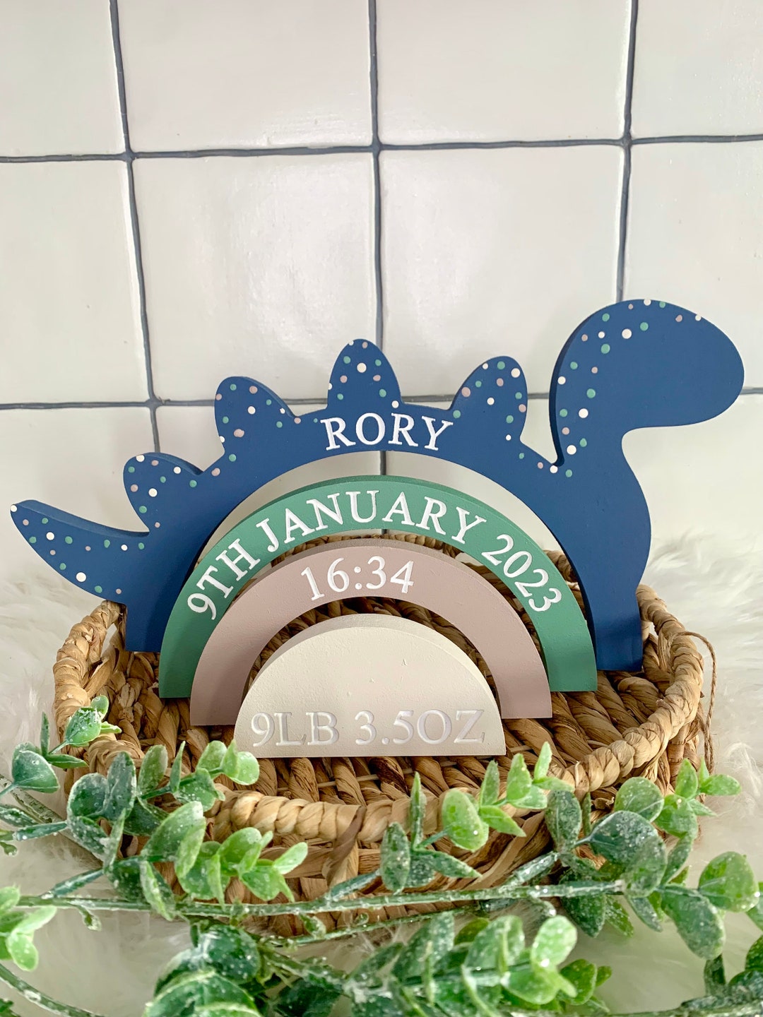 Personalised Wooden Dinosaur Rainbow Stacker, New Baby Gift, Engraved ...