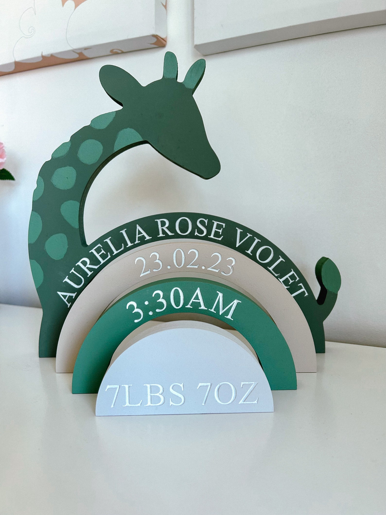 Personalised Wooden Giraffe Rainbow Stacker, New Baby Gift, Engraved ...