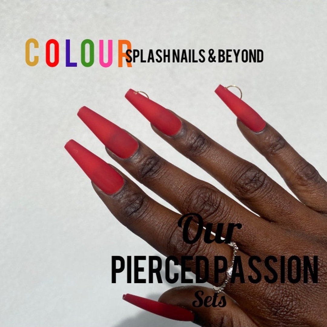 Pierced Med/long Red Coffin Shape Press on Nails Set With Professional ...