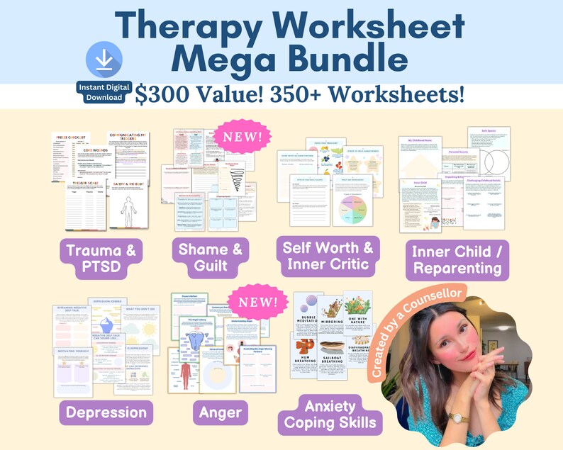Therapy Worksheets Bundle, Trauma Healing, Inner Critic Worksheets ...