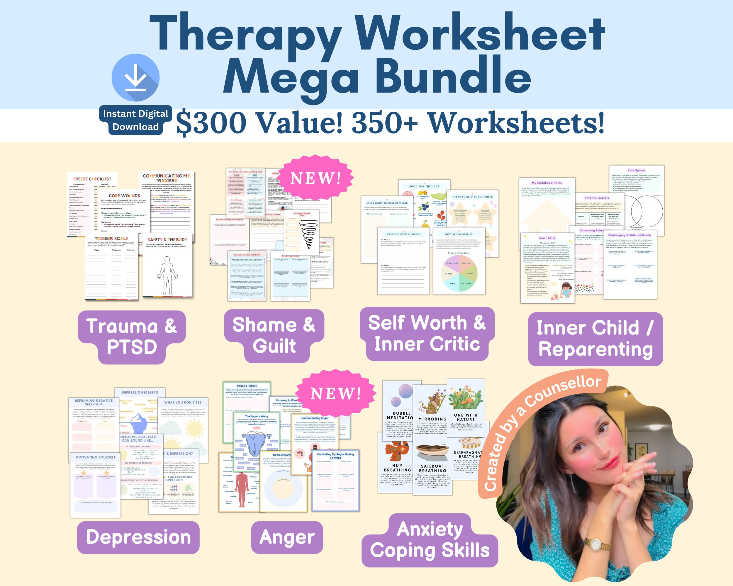Therapy Worksheets Bundle, Trauma Healing, Inner Critic Worksheets ...