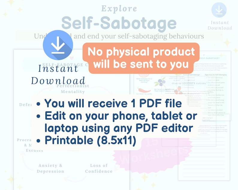 Self-sabotage Worksheets, Therapy Worksheets, CBT, DBT, Self Love, Self ...
