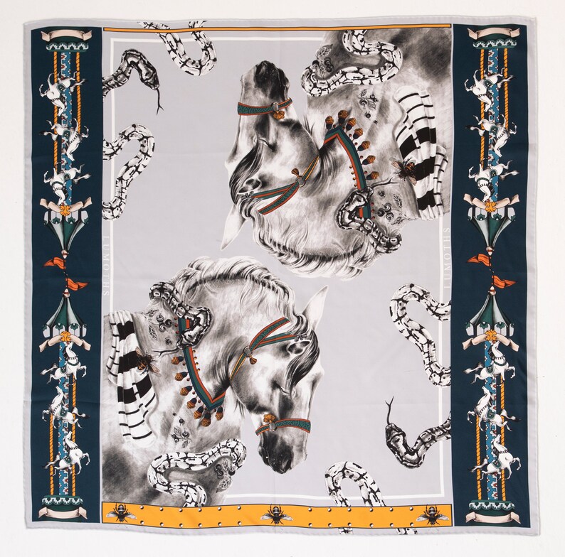 Artistically Hand Drawing Ready to Wear Twill Silk Scarf, Grey Navy ...