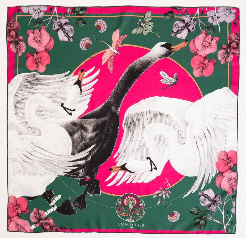 Swan Design Luxury Silk Scarf, Green Pink Bandana, Artist Headcover - Etsy