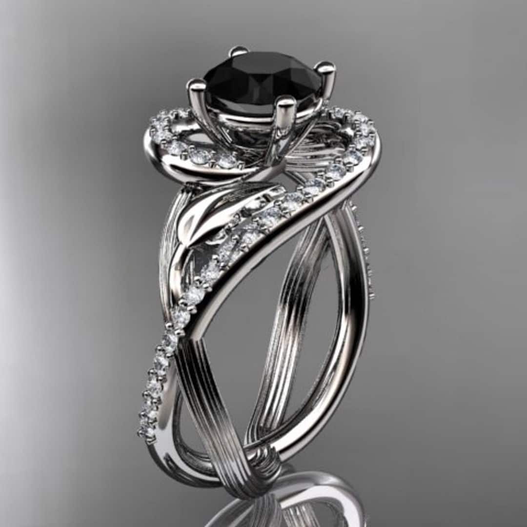 Gorgeous Black Diamond Ring, Engagement Women Ring, 14K White Gold Ring ...