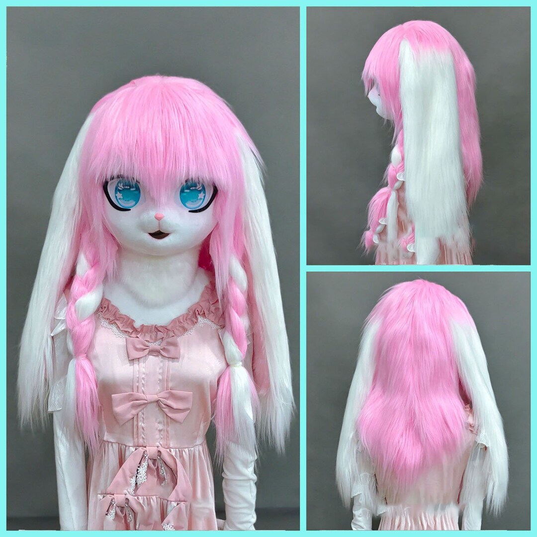 Cute Pink Furry Cosplay Mask, Rraided Pink Bunny Furry Head, Furrysuit ...