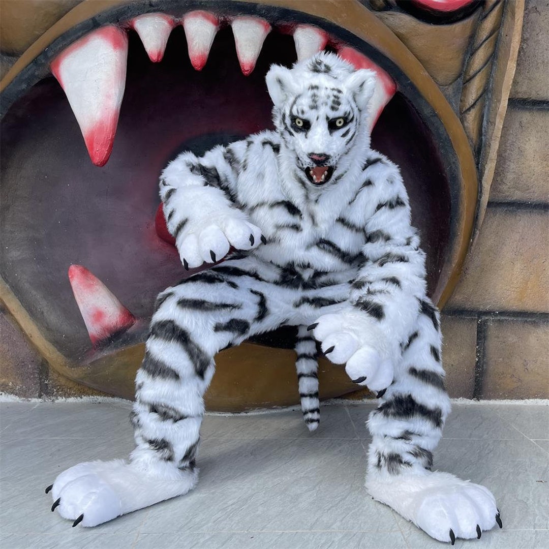 White Tiger Furry Full Suit With Head Tail Clothes and Paw Cosplay ...