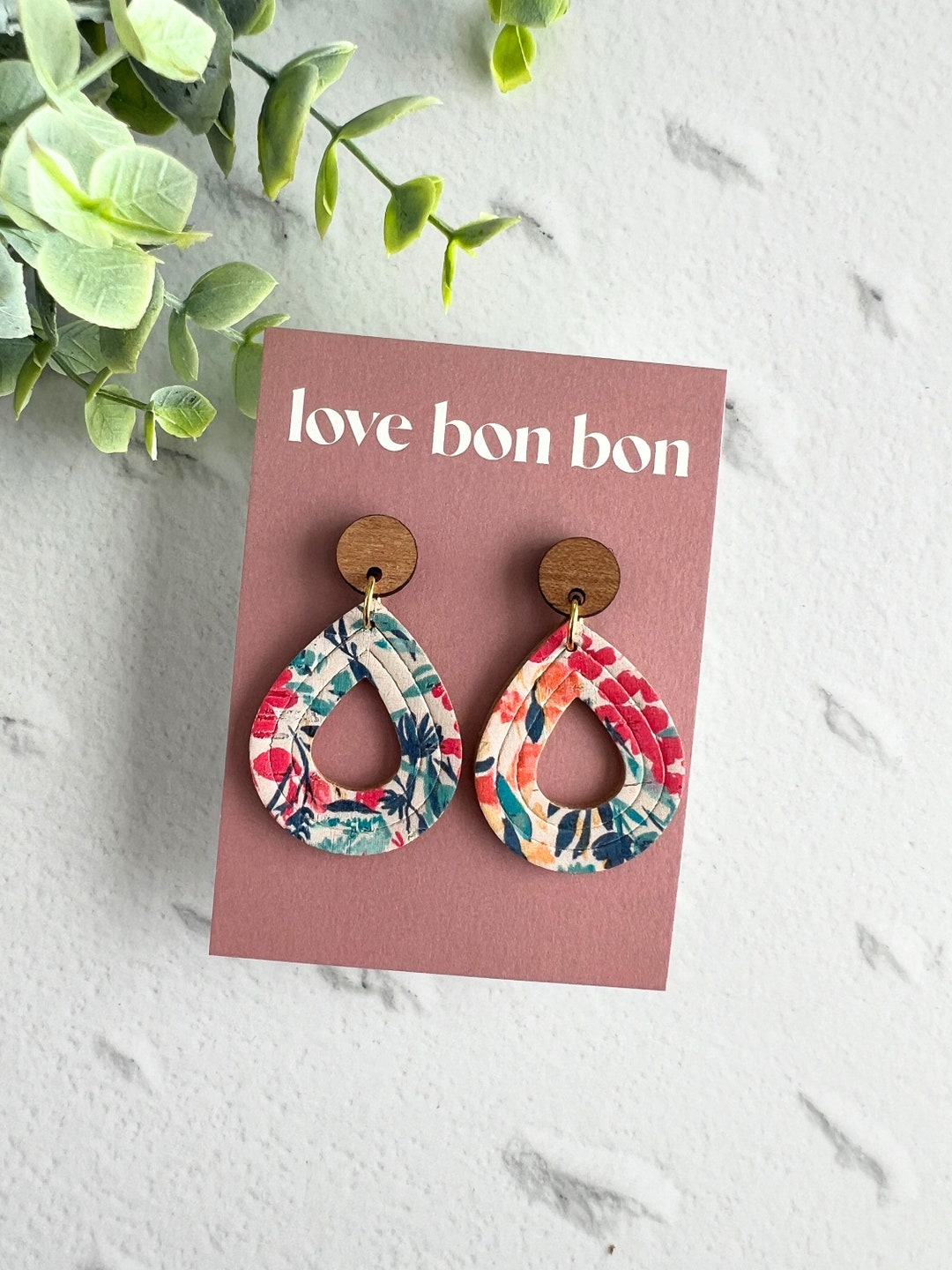 Cork and Leather Embossed Teardrop Handmade Earring With Wooden Topper ...