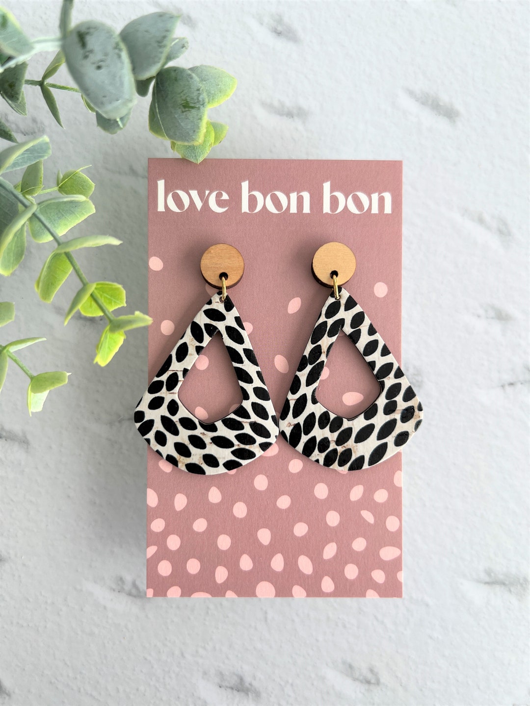 Cork and Leather Geometric Handmade Earring With Wooden Topper, Dangle ...