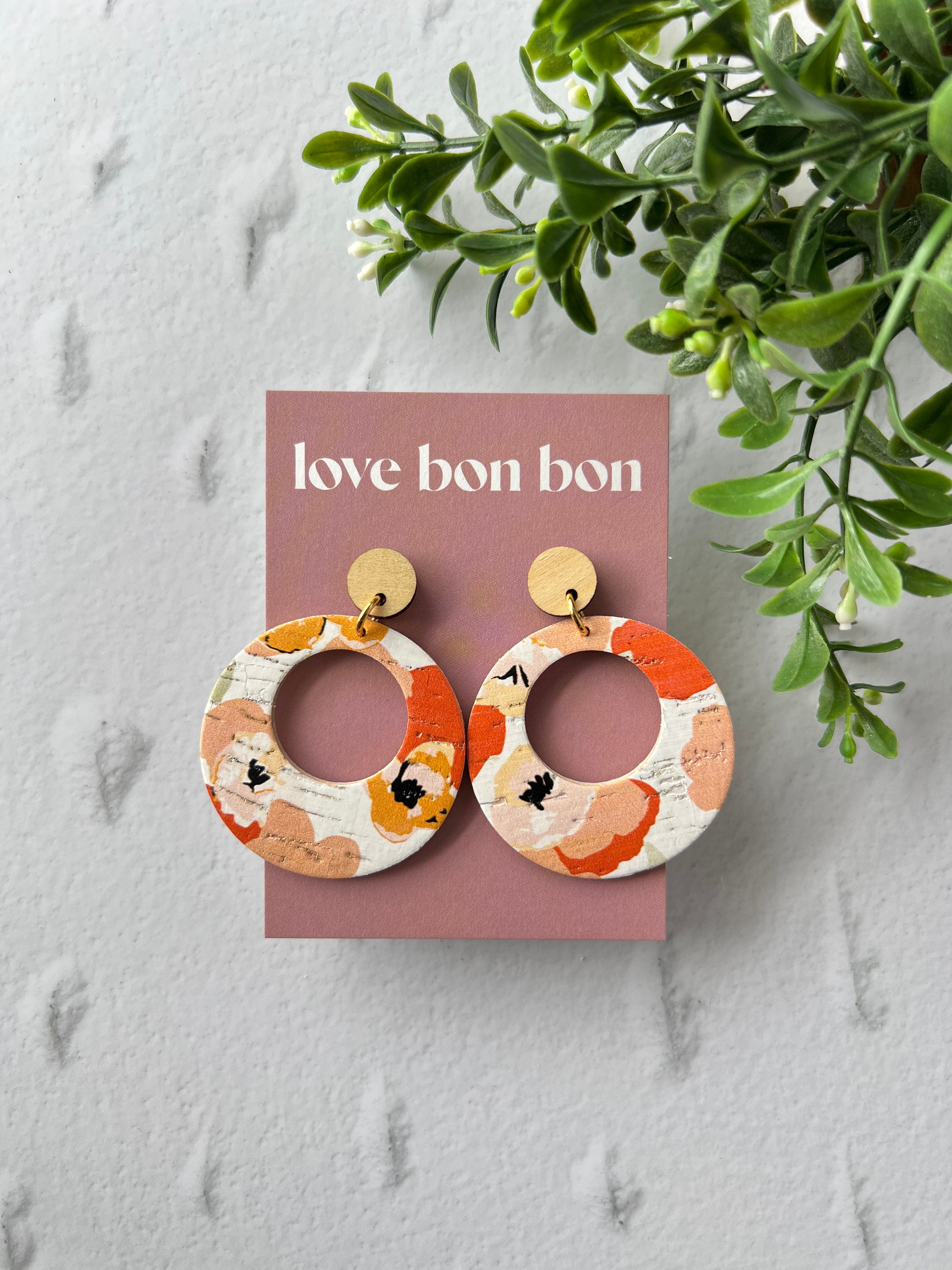 Genuine Leather Large Cut Out Circle Earring With Wooden Topper, Dangle ...