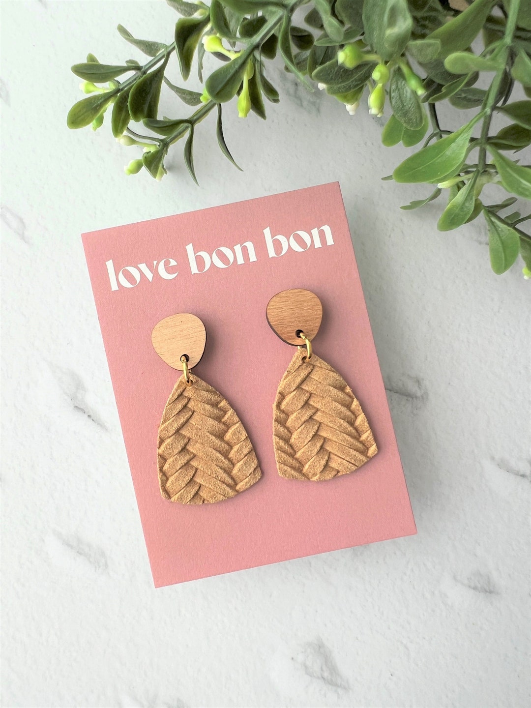Braided Leather Handmade Triangle Earring With Wooden Topper and ...