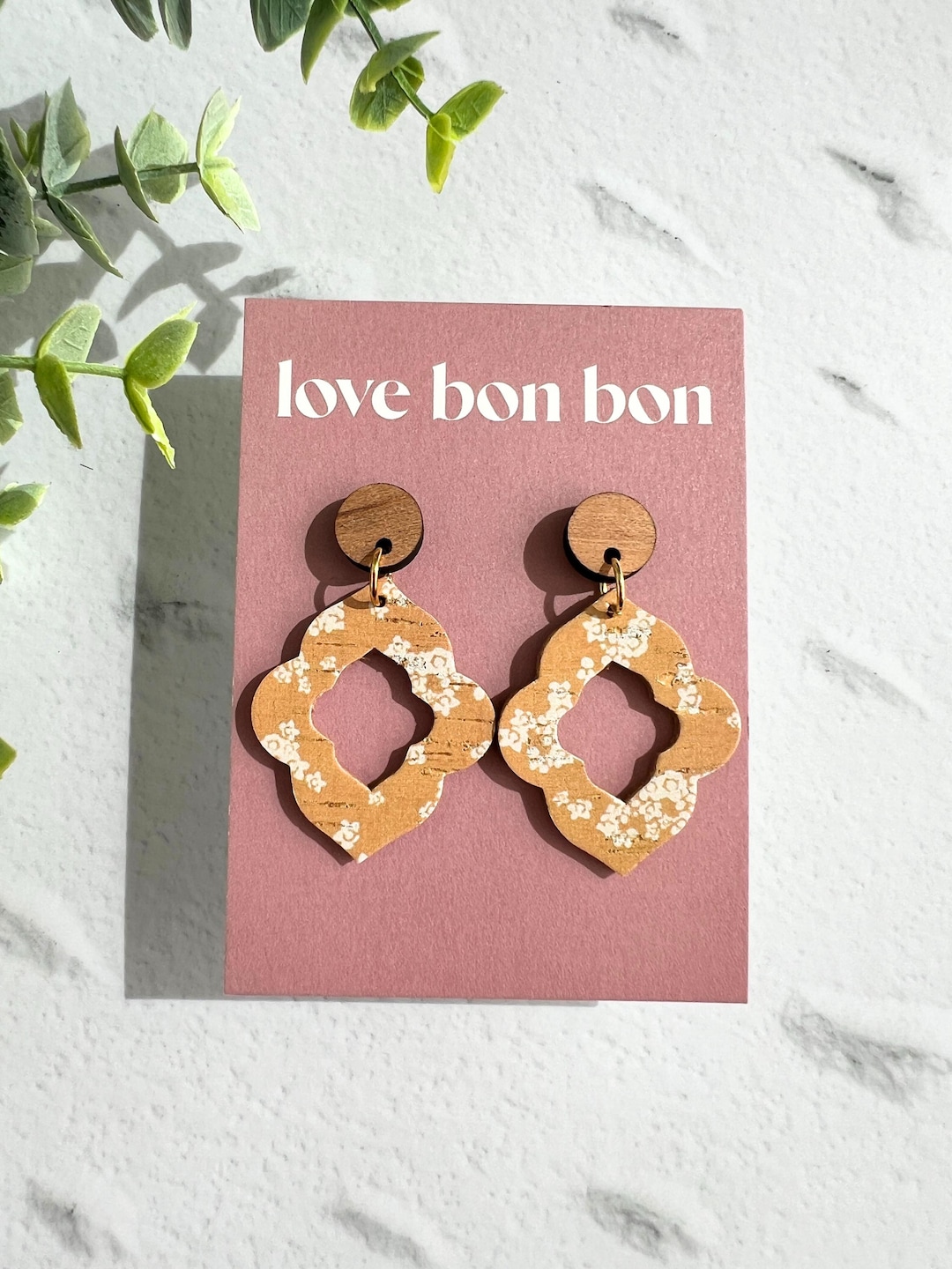 Handmade Scallop Cut Out Diamond Cork and Leather Dangle Earring With ...