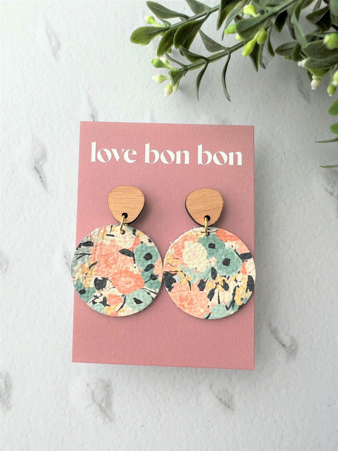 Leather Handmade Circle Earring With Wooden Topper, Dangle Earring ...