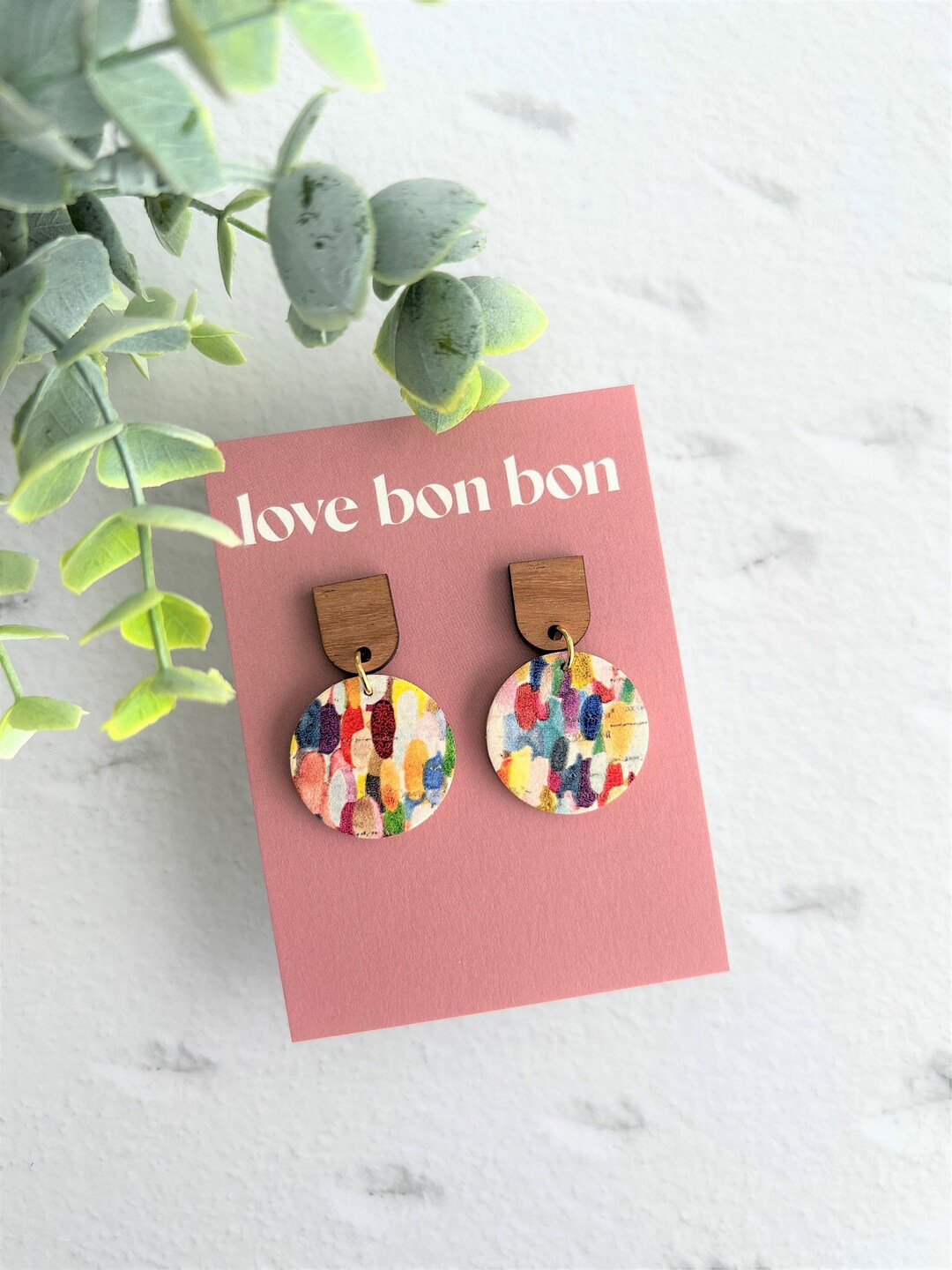 Cork and Leather Handmade Circle Earring With Wooden Topper, Dangle ...