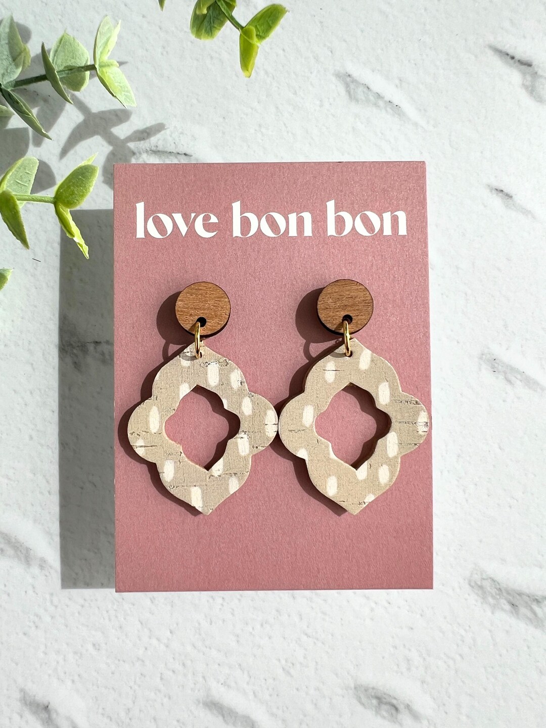 Handmade Scallop Cut Out Diamond Cork and Leather Dangle Earring With ...