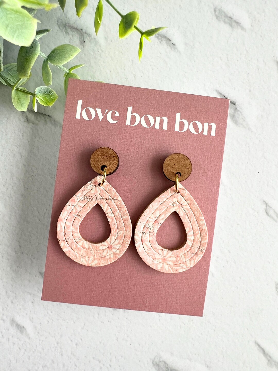 Cork and Leather Embossed Teardrop Handmade Earring With Wooden Topper ...