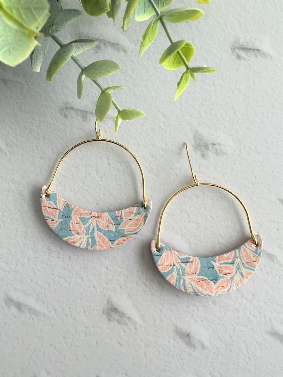 Cork and Leather Large Half Moon Handmade Earring With Stainless Steel ...