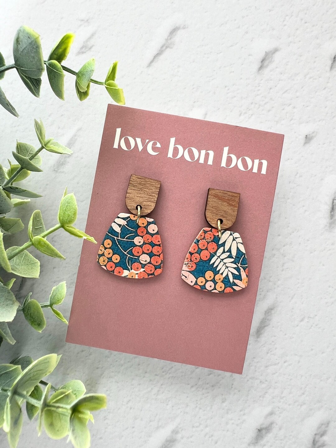 Cork and Leather Handmade Petite Earring With Wooden Topper, Dangle ...