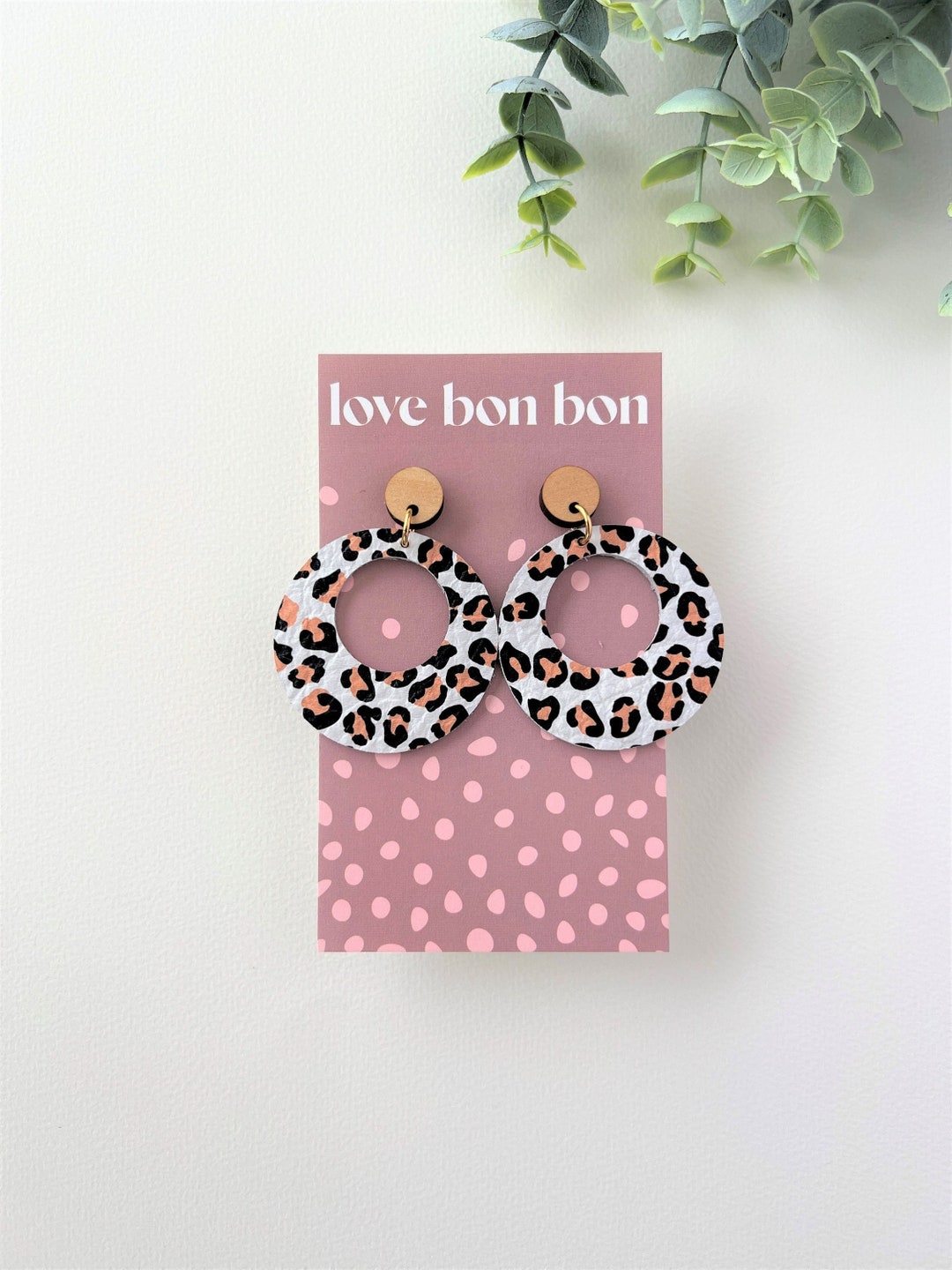 Genuine Leather Large Cut Out Circle Earring With Wooden Topper, Dangle ...