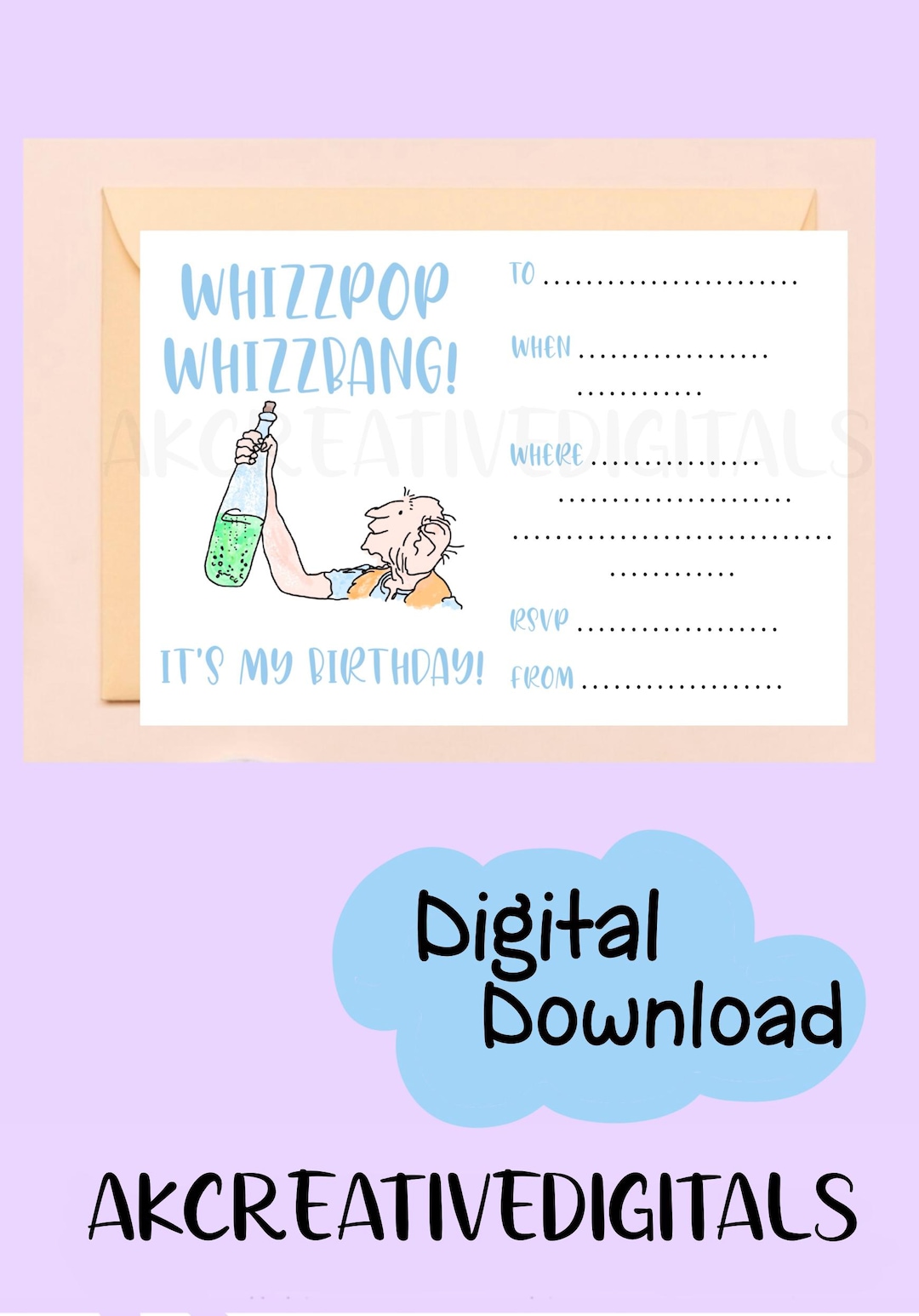 PRINTABLE BFG Birthday Invite Card, Roald Dahl, Big Friendly Giant ...