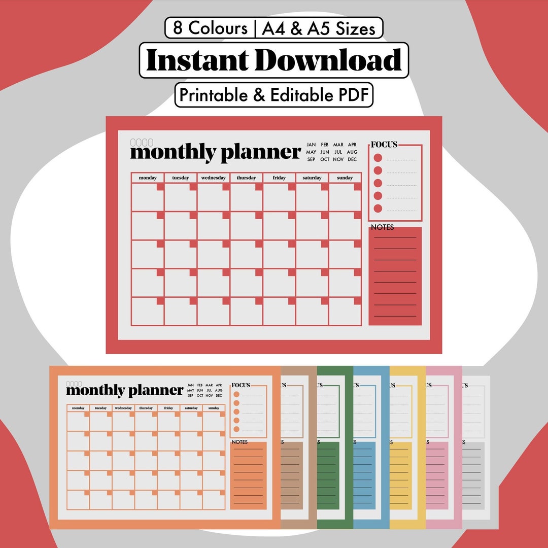 Monthly Planner Overview 5-point Priority List and Notes 8 Colours ...